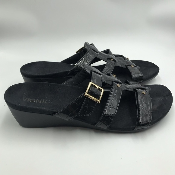 Vionic | Shoes | Vionic Womens Radia Black Patent Leather Croc Wedge 3 ...